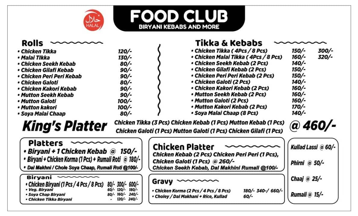 Menu of Food Club, Lajpat Nagar 2, New Delhi