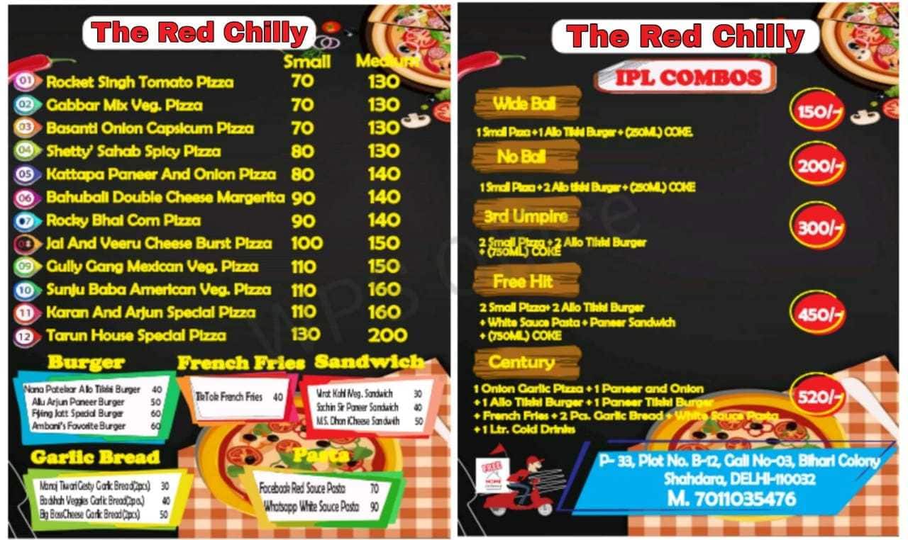 Menu of The Red Chilly, Parliament Street, New Delhi