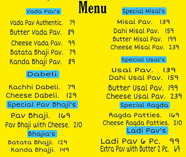 Menu of Aamchi Mumbai Vada Pav, Palam Vihar, Gurgaon