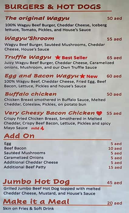 Menu of Wagyu Burger, DAMAC Hills, Dubai