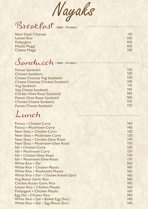 Menu of Nayak Cafe, Vidyaratna Nagar, Manipal