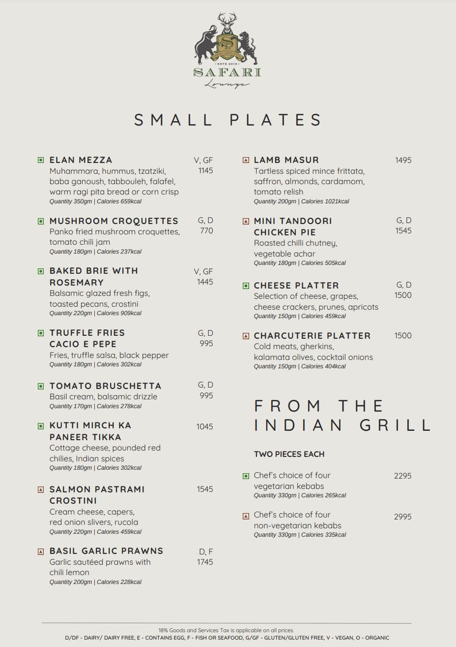 Menu of The Safari Lounge, Lodhi Road, New Delhi