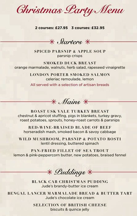 Menu at Old Bank of England pub & bar, London