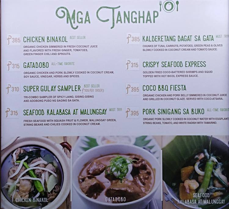 Menu at Coconut House restaurant, Quezon City, Quezon Memorial Circle