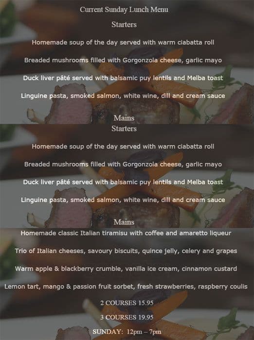 Menu at Cielo restaurant, Birmingham