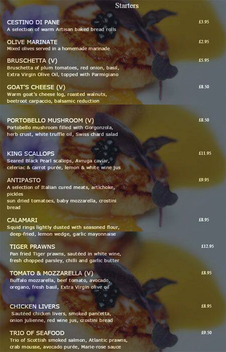 Menu at Cielo restaurant, Birmingham