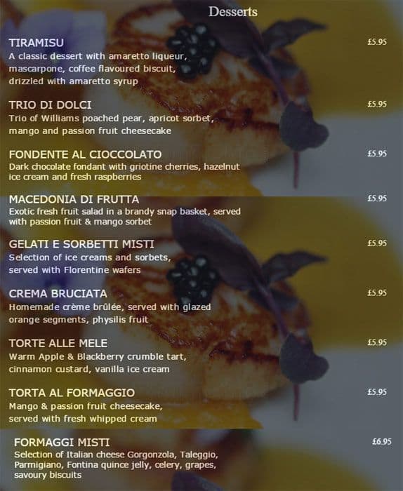 Menu at Cielo restaurant, Birmingham