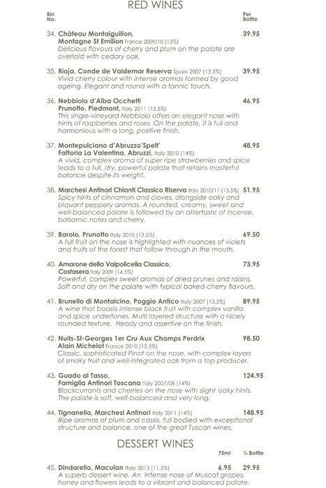 Menu at Cielo restaurant, Birmingham