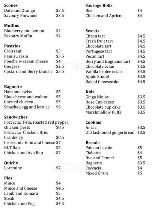 Menu at The Clareville Bakery, Clareville, State Highway 2