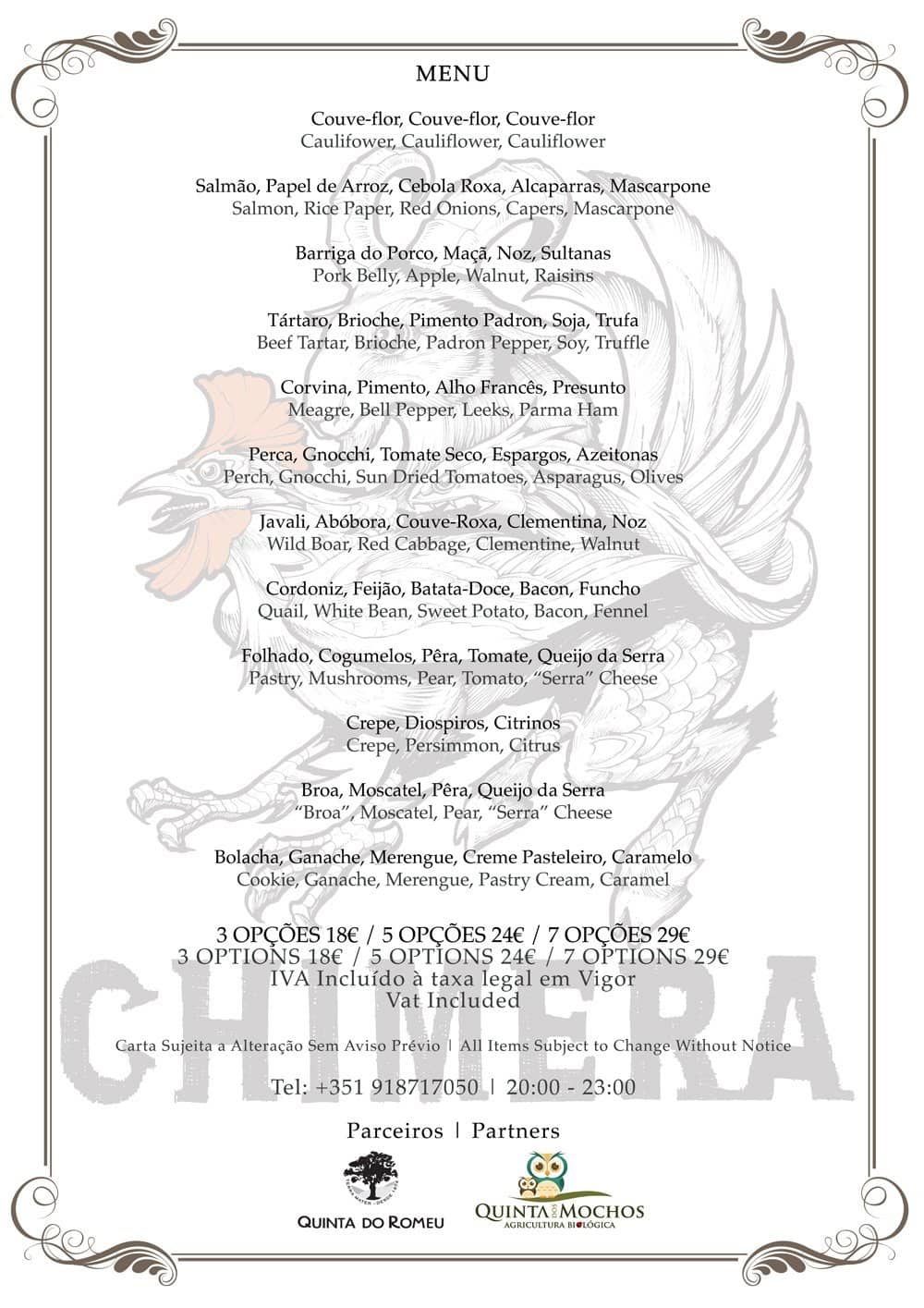 Chimera menu, Menu restauracji Chimera, Avenida da Liberdade, Lisboa ...