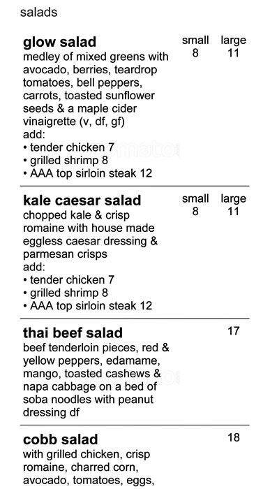 Menu at Glow Fresh & Wine Bar, Toronto