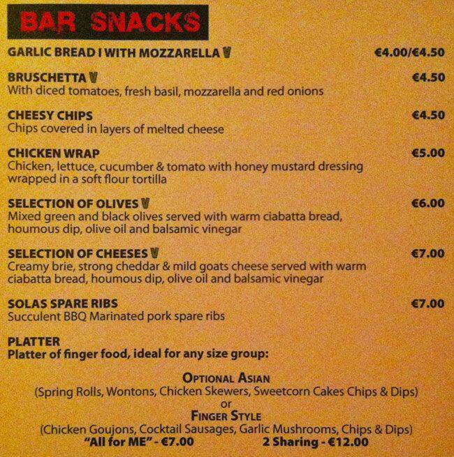 Menu at SOLAS Bar & Restaurant, Dublin