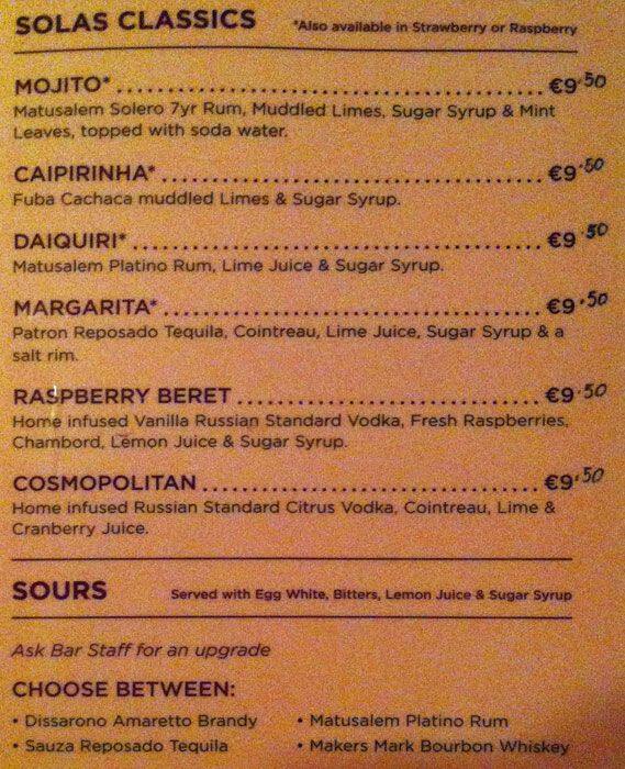 Menu at SOLAS Bar & Restaurant, Dublin