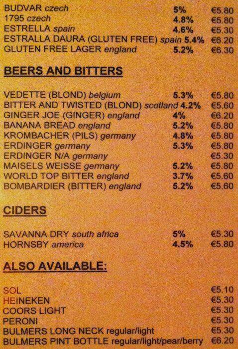 Menu at SOLAS Bar & Restaurant, Dublin