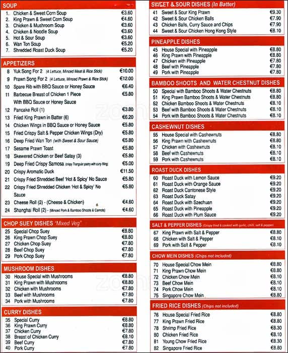 Menu at Hoi Wun fast food, Dublin