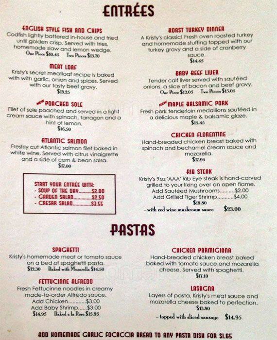 Menu at Kristy's Restaurant, Ottawa