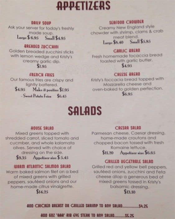 Menu at Kristy's Restaurant, Ottawa