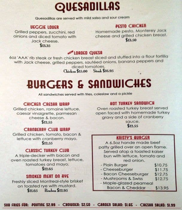 Menu at Kristy's Restaurant, Ottawa