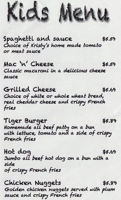 Menu at Kristy's Restaurant, Ottawa