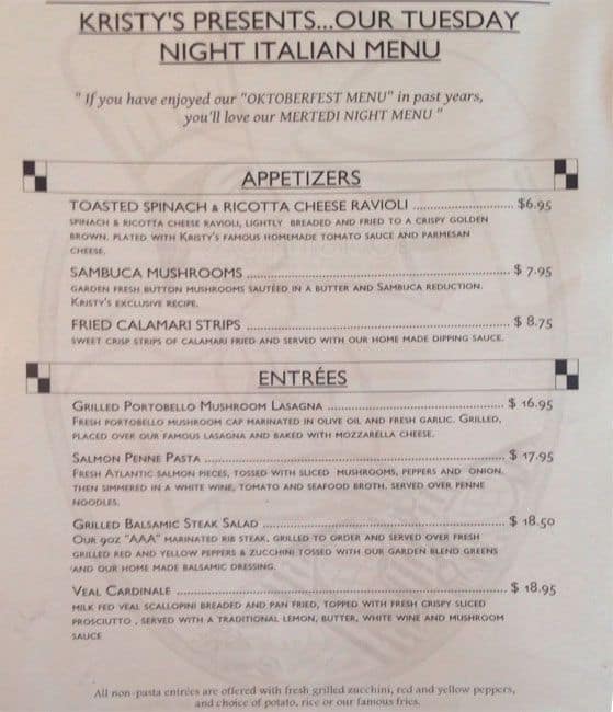 Menu at Kristy's Restaurant, Ottawa