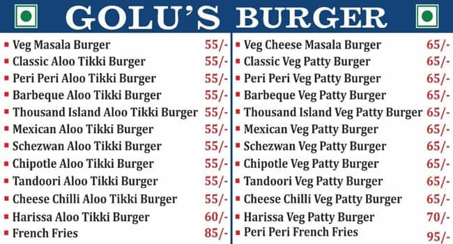 Menu at Golu's Burger, Nashik
