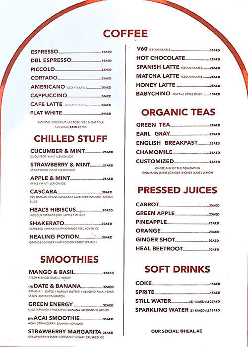 Menu at HEAL restaurant, Dubai