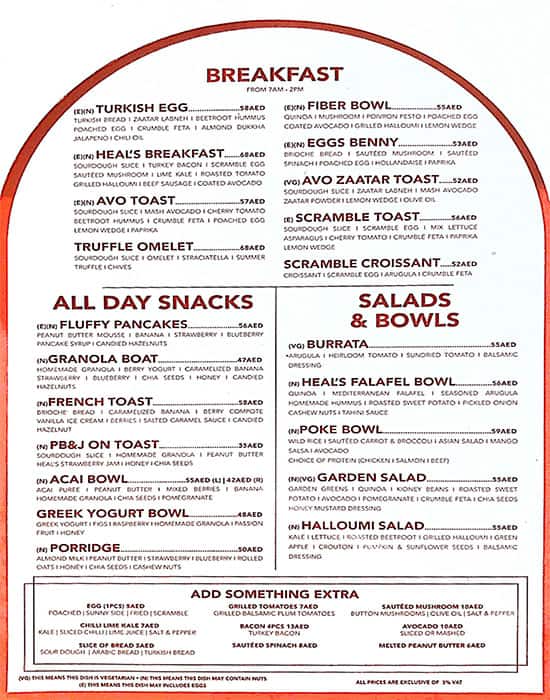 Menu at HEAL restaurant, Dubai