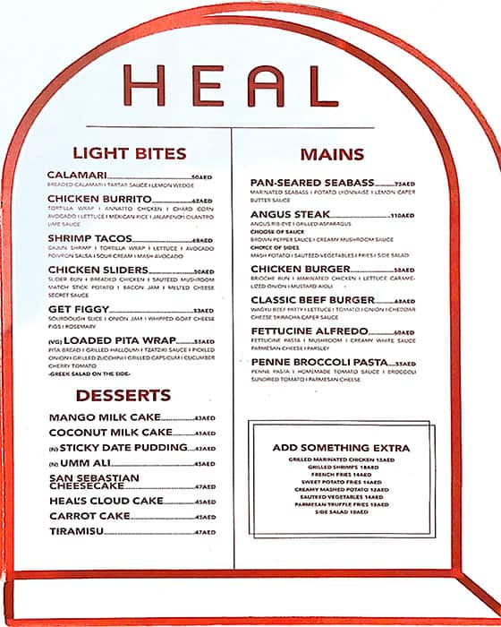 Menu at HEAL restaurant, Dubai