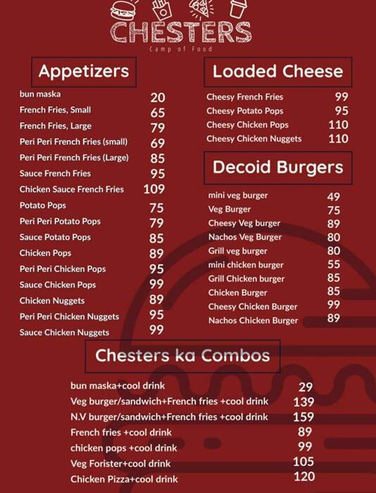 Menu of Chesters, Moosapet, Hyderabad