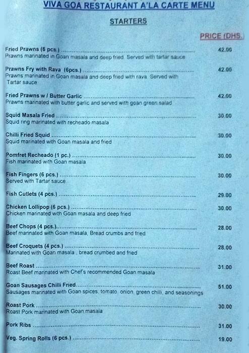 Menu of Viva Goa, Oud Metha, Dubai