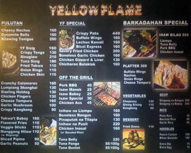 Menu at Yellow Flame Bar & Grill, Pasig