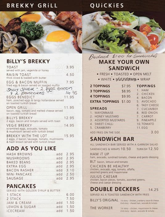 Menu at Billy Baxters cafe, Hilton, Shop 16