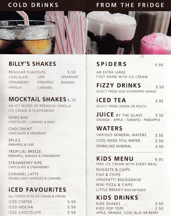Menu at Billy Baxters cafe, Hilton, Shop 16