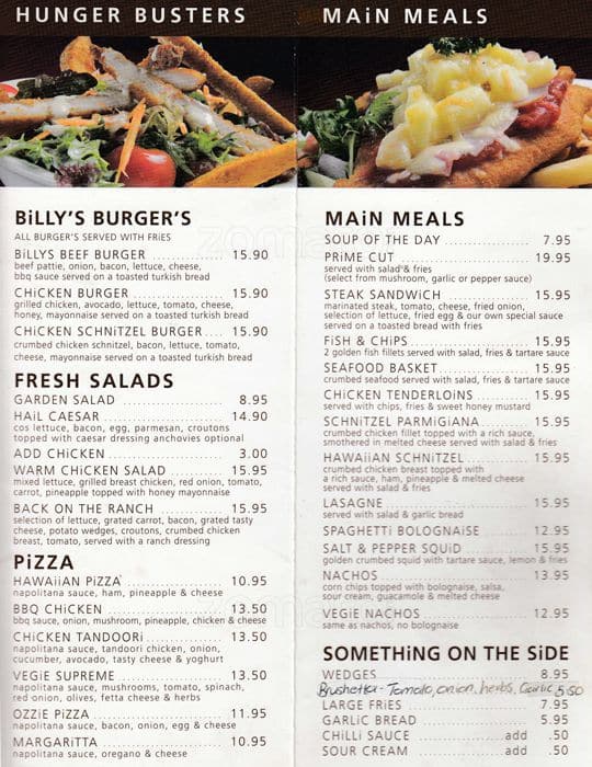 Menu at Billy Baxters cafe, Hilton, Shop 16