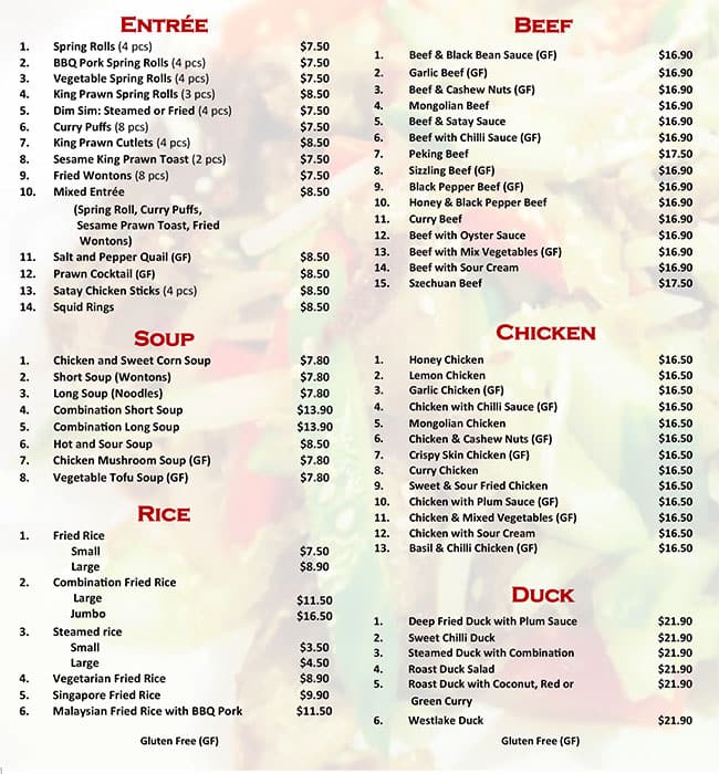 Menu at Marina Crest Chinese Restaurant, Manly