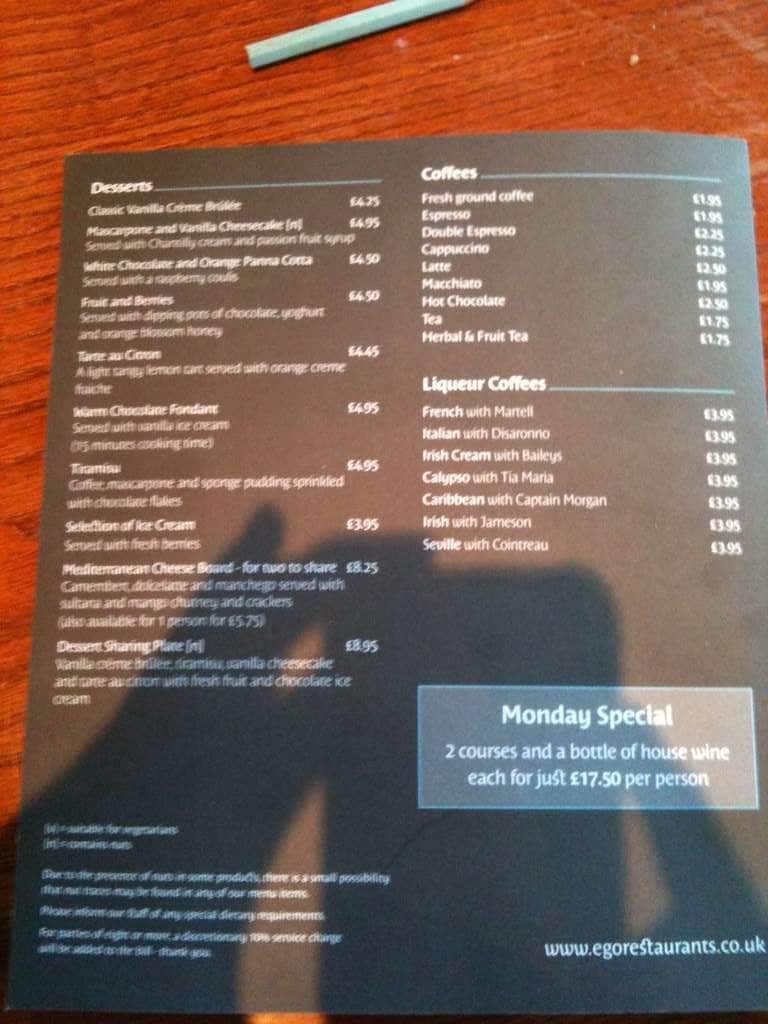 Menu at Ego restaurant, Lichfield