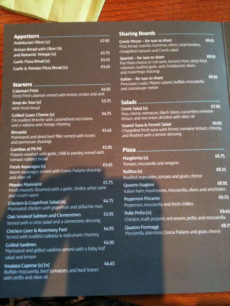 Menu at Ego restaurant, Lichfield