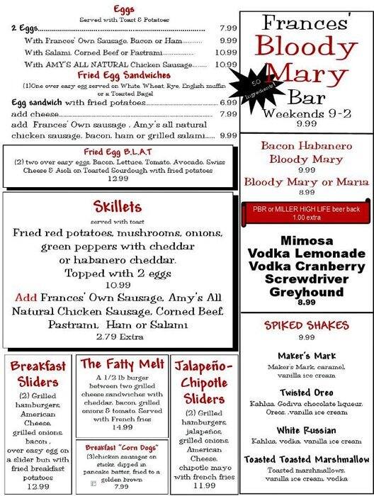 Menu at Frances' Deli and Brunchery restaurant, Chicago