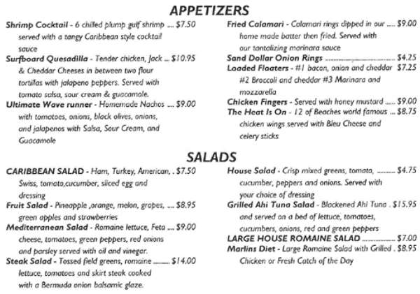 Menu at Beaches Bar And Grill, Miami Beach
