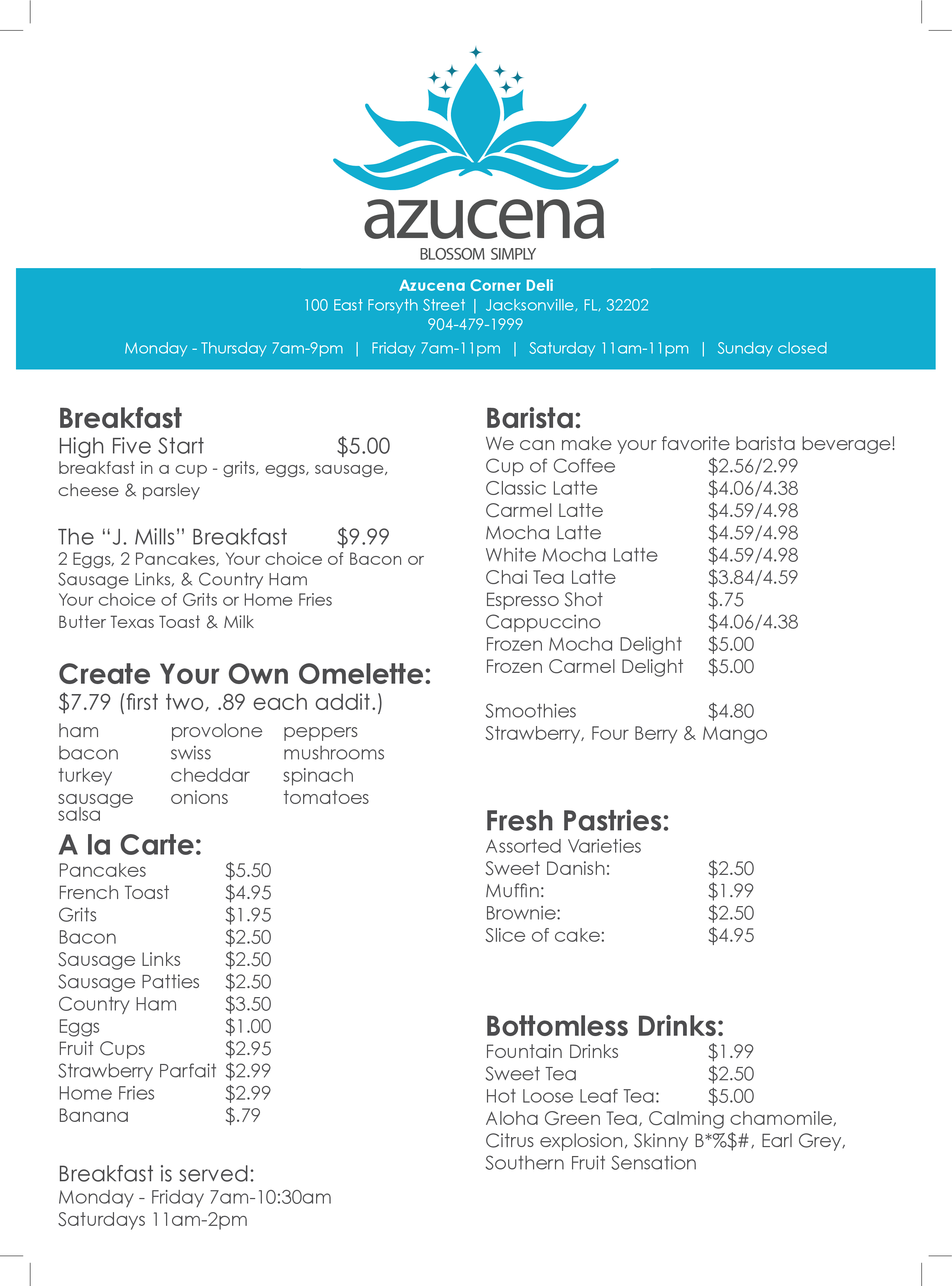 Menu at Azucena Corner Deli restaurant, Jacksonville