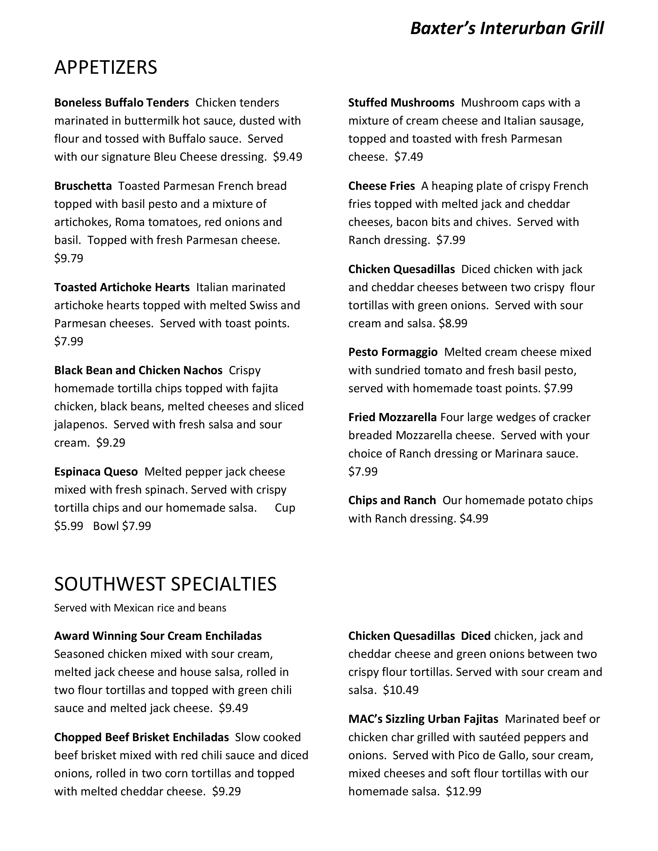 Menu at Baxter's Interurban Grill pub & bar, Tulsa