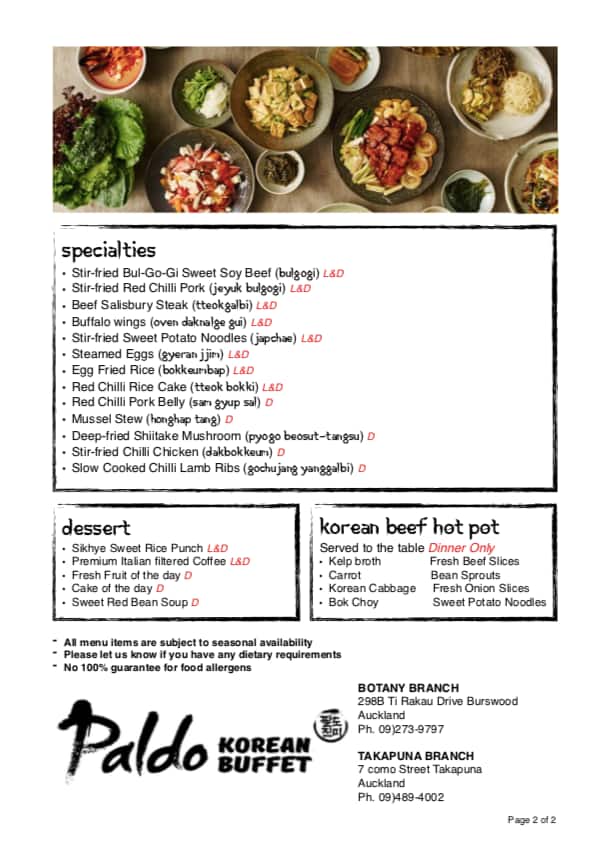 Menu at Steamboat & Korean BBQ Takapuna Buffet, Auckland