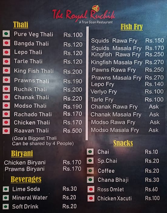 Menu of The Royal Ruchik, Panaji, Goa