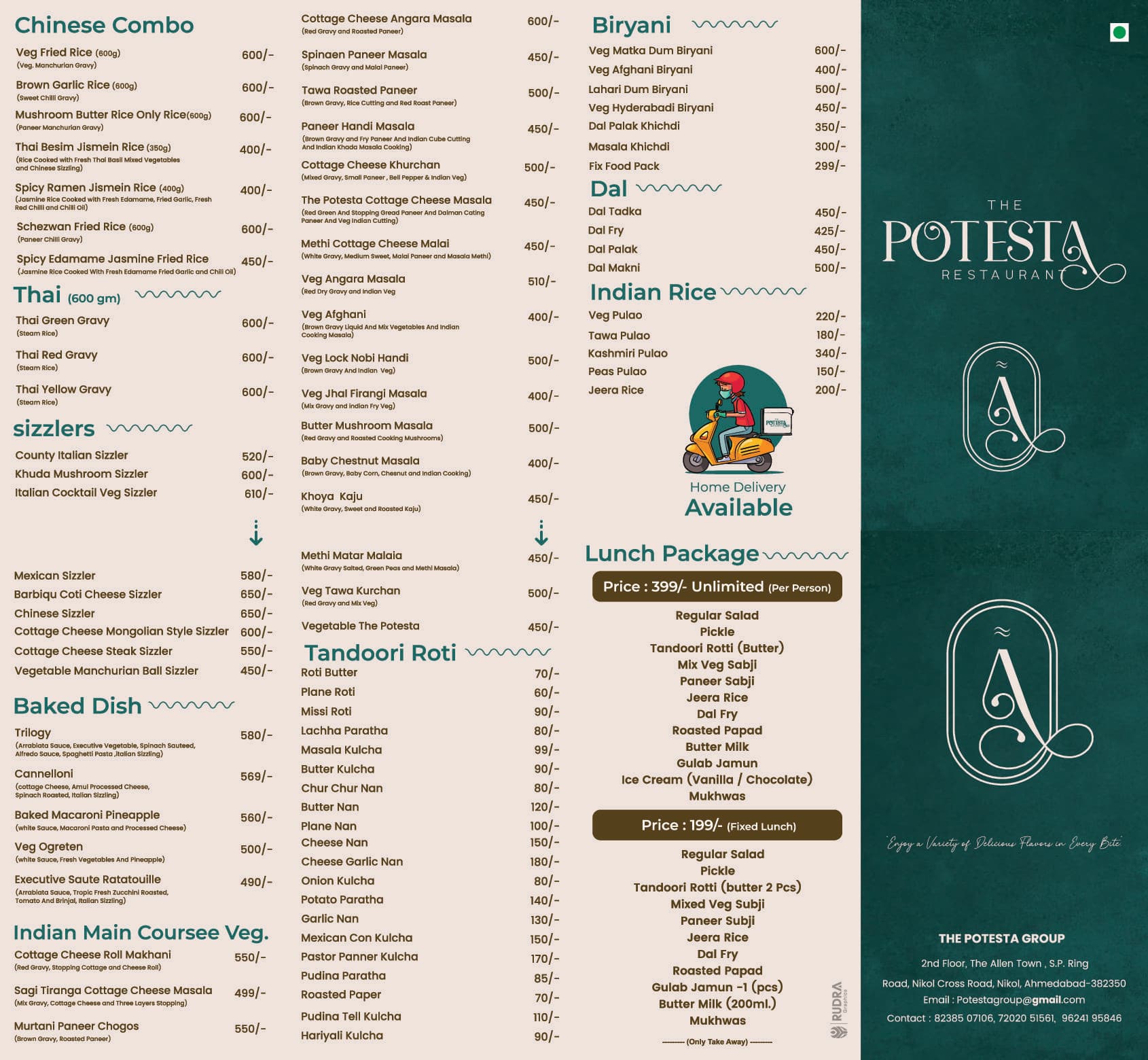 Menu of The Potesta Restaurant, Nikol, Ahmedabad