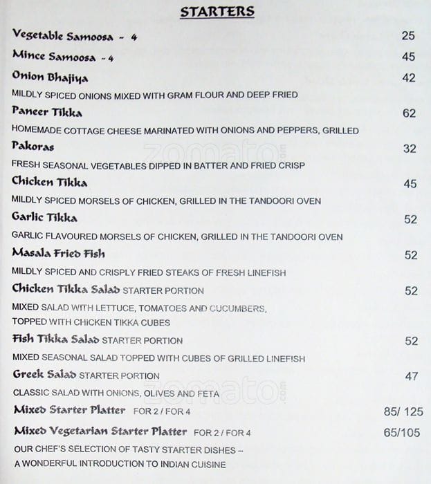 Speisekarte von Annapurna restaurant, Kapstadt, Willie Van Schoor Road