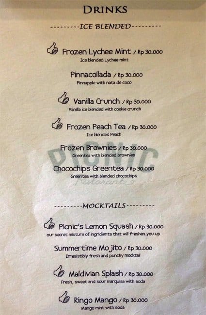 Menu at Picnic Ristorante, Jakarta, Jln. Bendungan Hilir No. 3