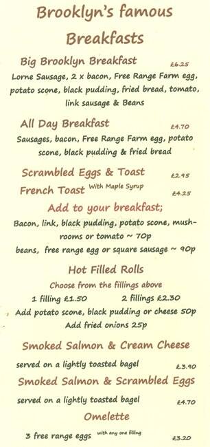 Menu at The Brooklyn Cafe., Glasgow