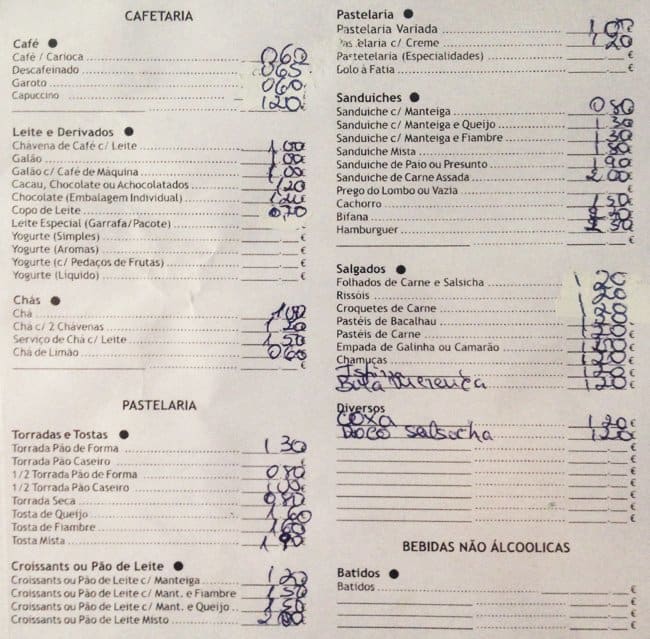 Menu at Cafe 2000, Carcavelos