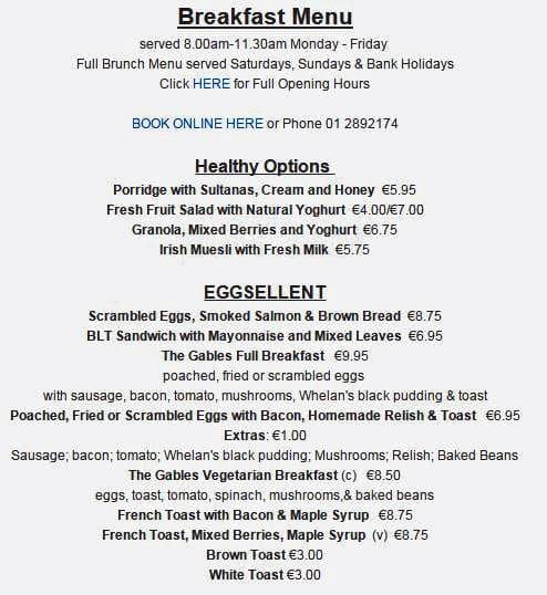 Menu at The Gables Foxrock restaurant, Dublin, 1 Torquay Rd