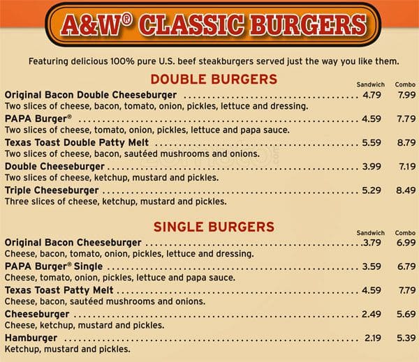 Menu at A&W Restaurant, Tacoma, Bridgeport Way SW